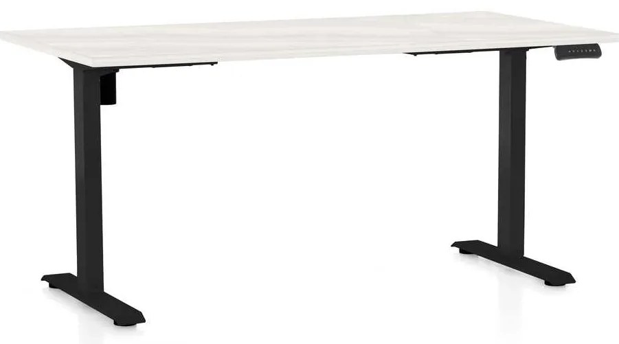 Výškově nastavitelný stůl OfficeTech B, 160 x 80 cm, černá podnož, bílý jasan