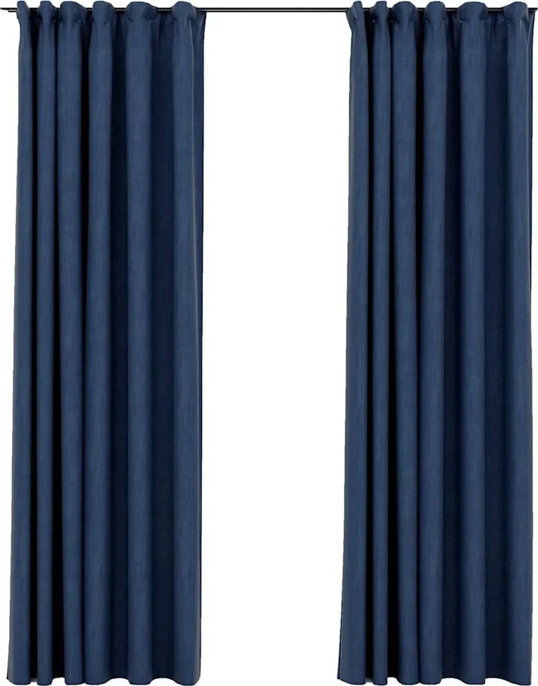 Zatemňovací závěsy s háčky vzhled lnu 2 ks modré 140 x 225 cm 321181