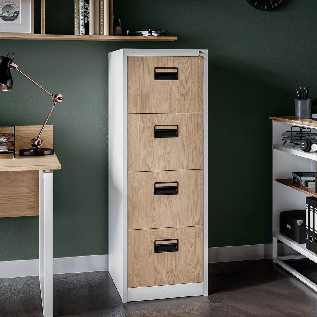 Kovová kartotéková skříň se 4 zásuvkami, bílá/dub sonoma, 460x1320x620 mm: SARA Eco Design