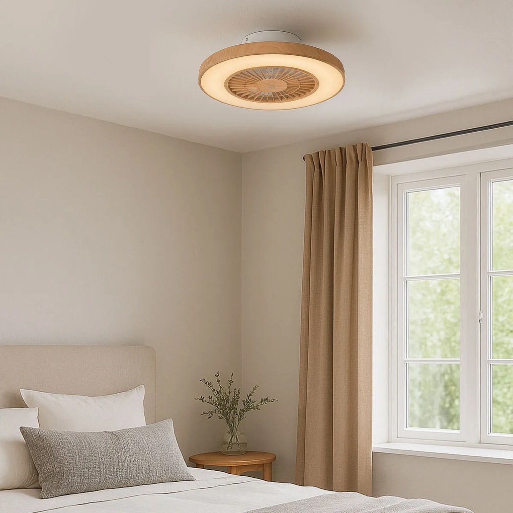Stropní ventilátor s dřevěným potiskem a hvězdným efektem 60 cm vč. LED stmívatelný s dálkovým ovládáním - Climo