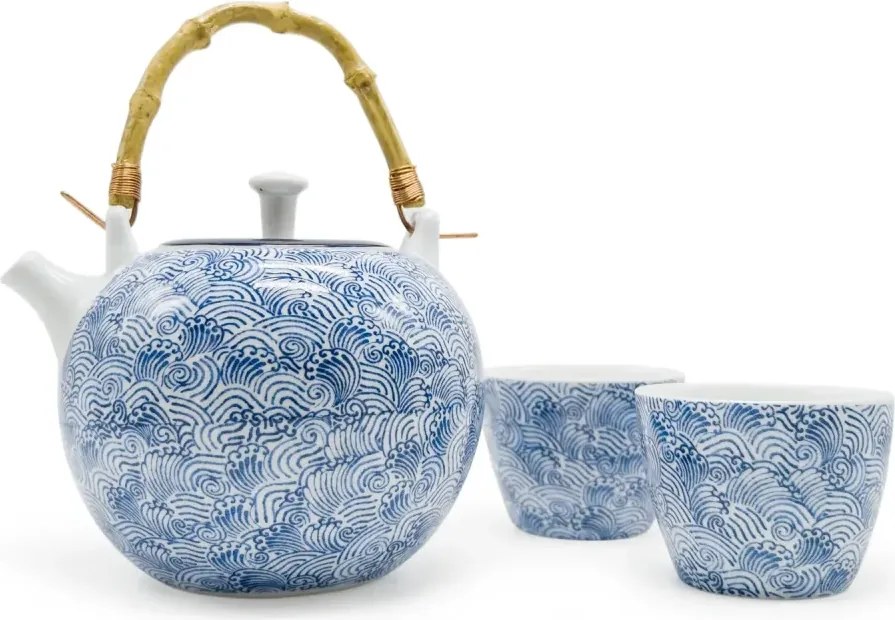 Porcelánová čajová souprava Mizu pro dva, 800 ml – japonský motiv Seigaiha a sítko