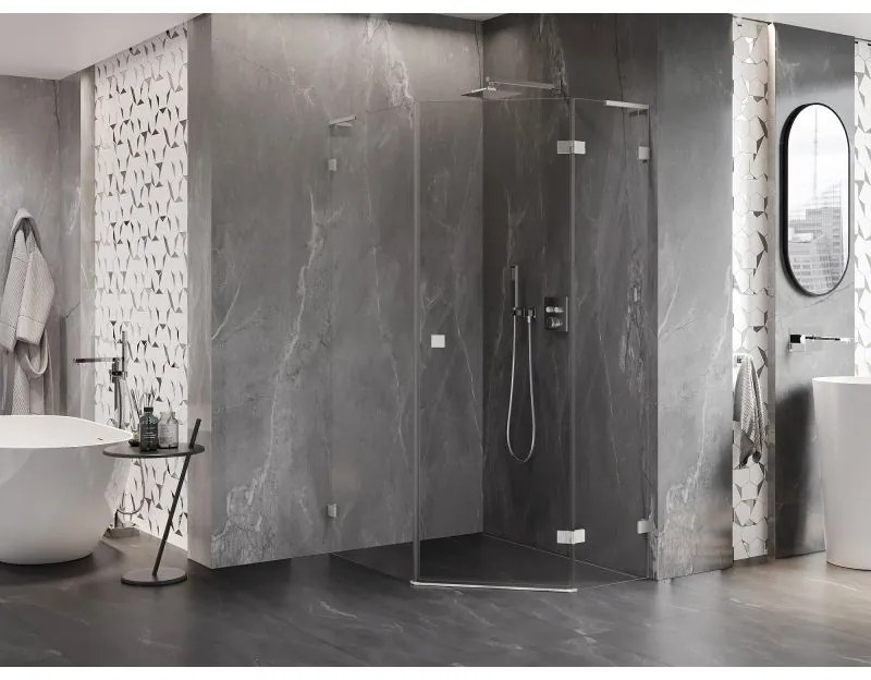 Mexen Lunar, L pětiúhelníkový sprchový kout naklápěcí vpravo 80 x 90 cm, 8mm čiré sklo, ocelový profil, 831L-080P-090L-97-00-P