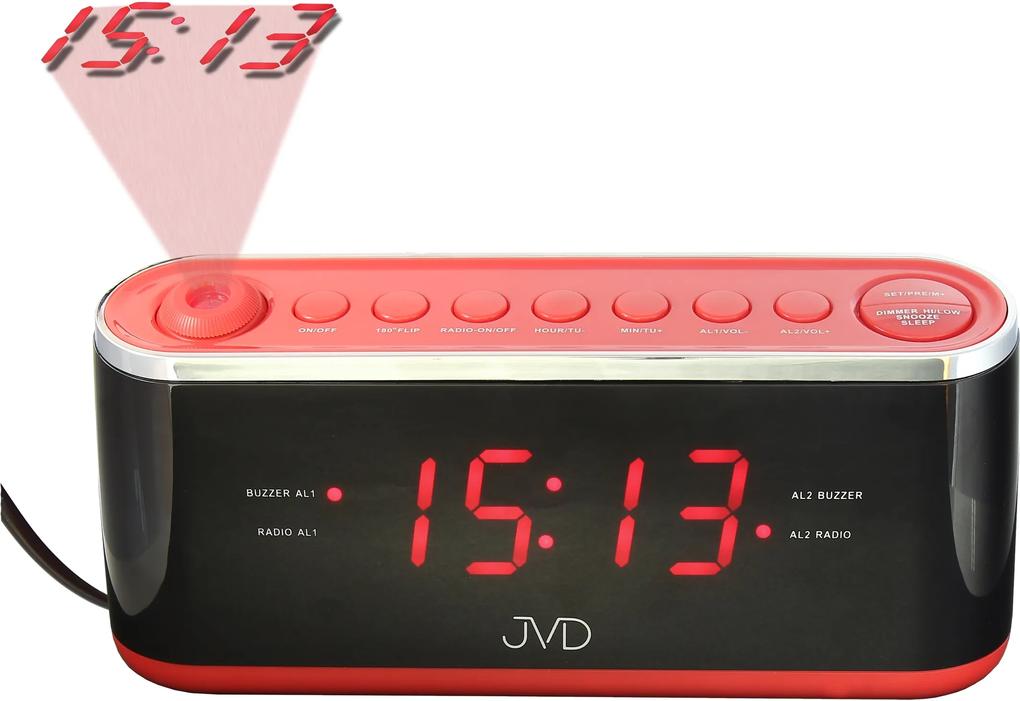 Červený digitální budík do sítě JVD SB97.1 s projektorem času a teploty