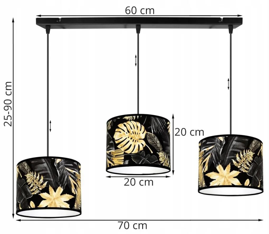 Závěsné svítidlo Gold Flowers, 3x černé textilní stínítko s květinovým vzorem