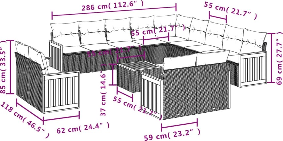 14dílná zahradní sedací souprava s poduškami šedá polyratan 3260618