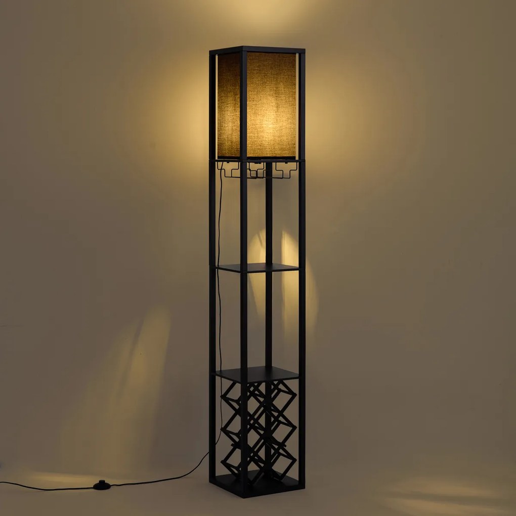 Moderní stojací lampa černá s látkovým stínidlem a stojanem na víno - Stojan Wine