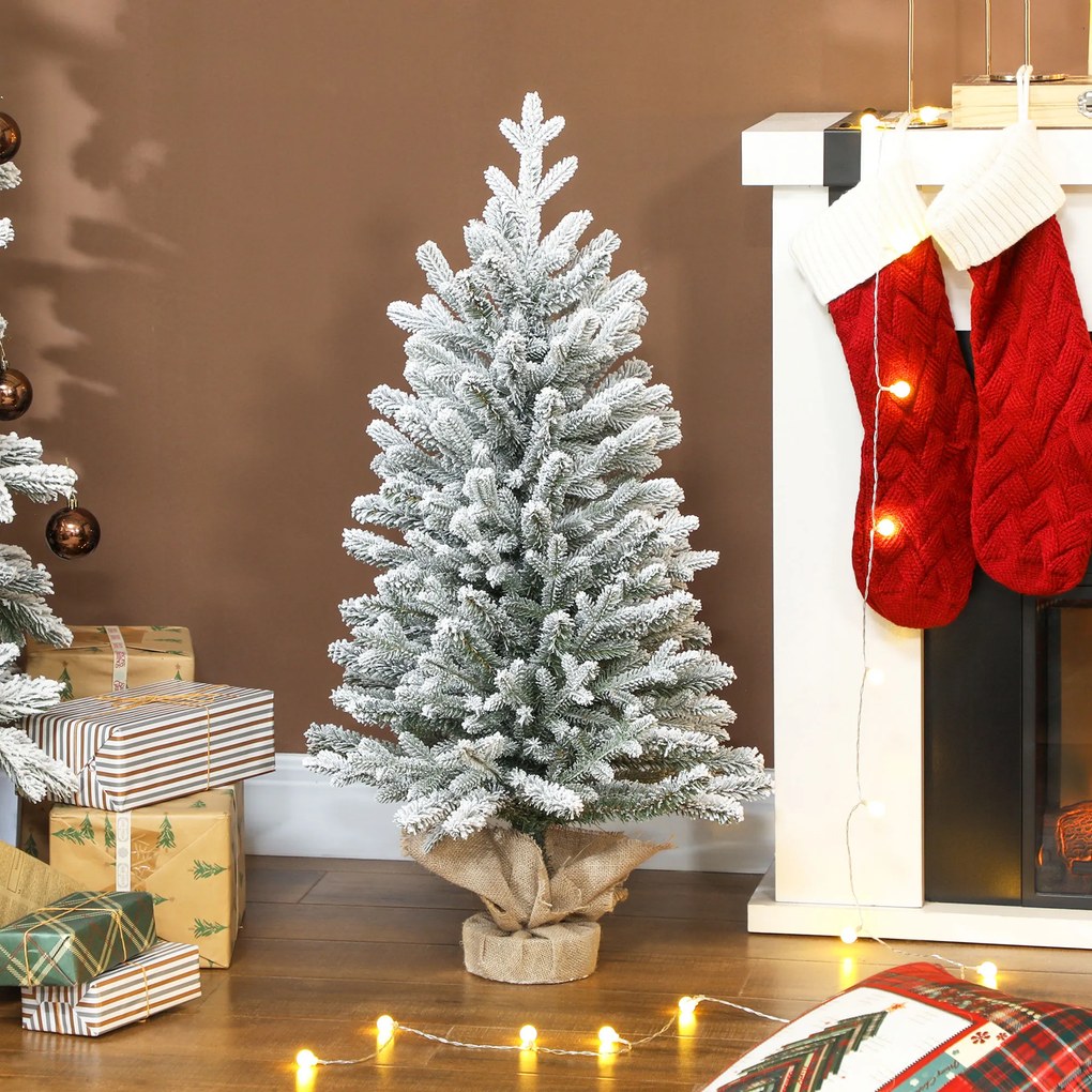 HOMCOM Mini umělý vánoční stromek 90 cm, umělý smrček se sněhem, 486 špiček, cementový základ s plátěným potahem