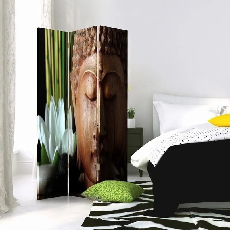 Ozdobný paraván Buddha Bambusové květiny - 110x170 cm, třídílný, obustranný paraván 360°
