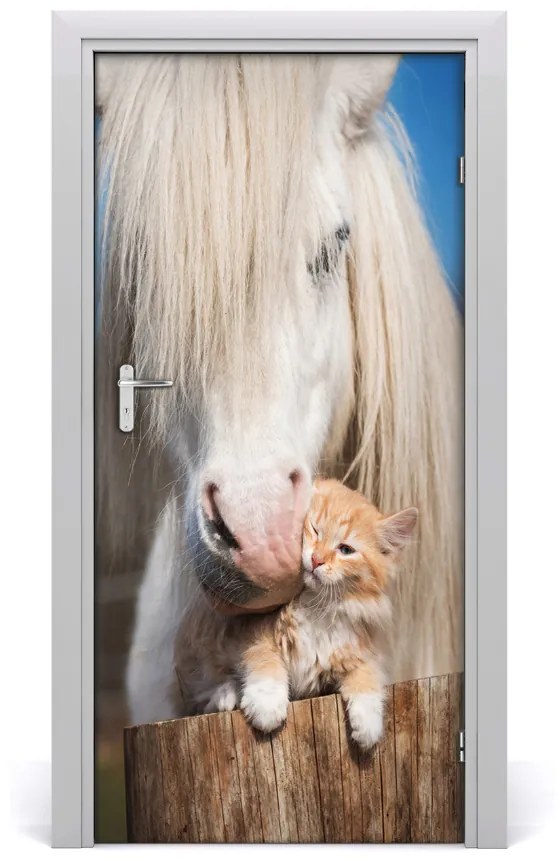 Samolepící fototapeta na dveře Bílý kůň s kočkou 85x205 cm