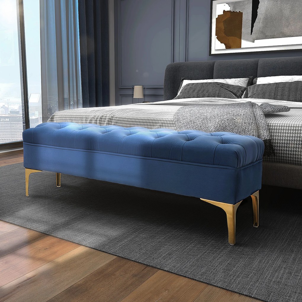 HOMCOM Lavice k posteli lavice na boty sametová modrá 118 x 45 x 42 cm se zvýšenými nohami do ložnice a předsíně | Aosom.de