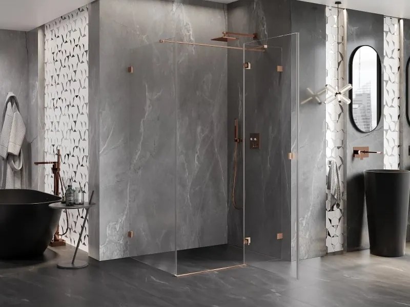 Mexen Lunar T, výklopný sprchový kout pravý 130 x 90 cm, 8mm čiré sklo, profil měděná matná, 834T-130-090-65-00-P