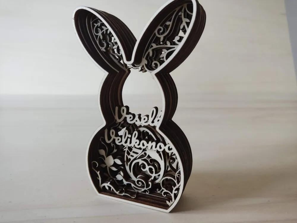 3D velikonoční zajíček S nápisem Veselé Velikonoce Kombinace přírodní a teak