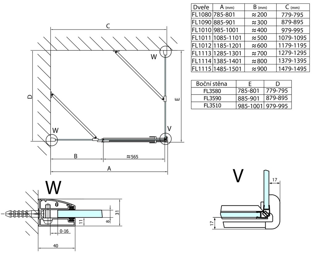 Polysan FORTIS LINE obdélníkový sprchový kout 1100x800 mm, L varianta FL1011LFL3580