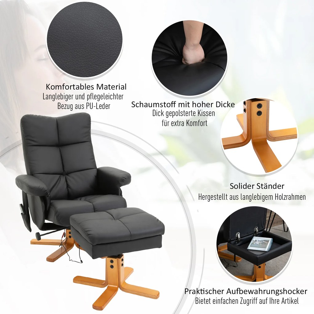 HOMCOM Relaxační křeslo Masážní křeslo s podnožkou a úložným prostorem 145° náklon Televizní křeslo s masážní funkcí Polyester Černá 80 x 86 x 99 cm …