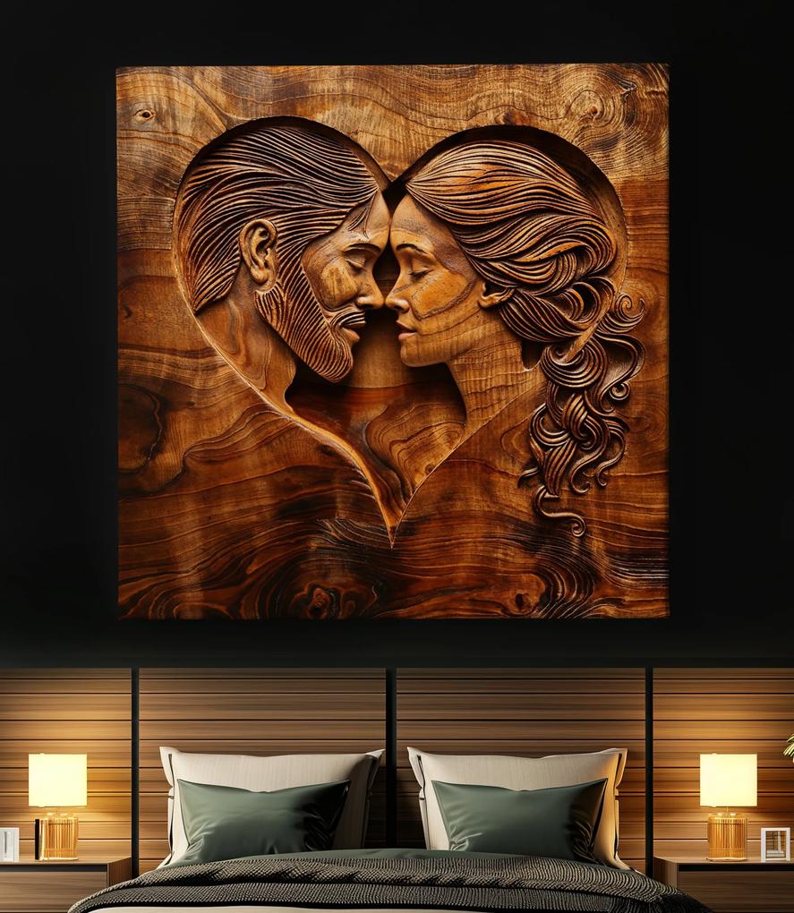 Obraz na plátně - Zamilovaný pár v srdečném spojení, dřevo styl FeelHappy.cz Velikost obrazu: 120 x 120 cm