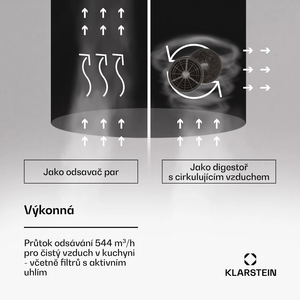 Klarstein Beretta Premium Smart, ostrůvková digestoř, 544 m³/h, aplikace, odsávání/recirkulace vzduchu, LED, filtr s aktivním uhlím