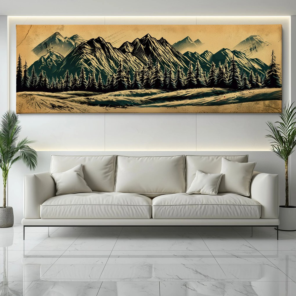 Obraz na plátně - Smrkové lesy s horami vintage FeelHappy.cz Velikost obrazu: 60 x 20 cm