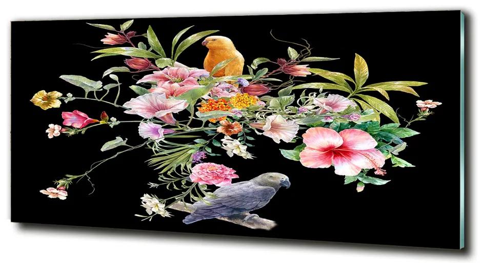 Wallmuralia Foto-obraz na skle Květiny a ptáci 125x50 cm