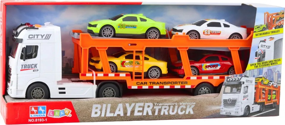 LEAN Toys Odtahový kamion Lora, sada 4 autíček, otevíratelné dveře, světla a zvuky