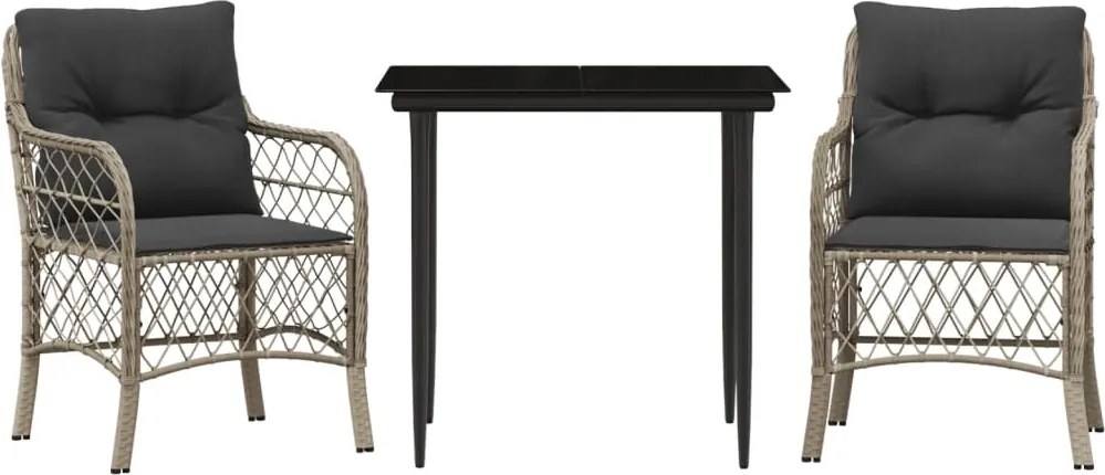 3dílný bistro set s poduškami světle šedý polyratan 3212166