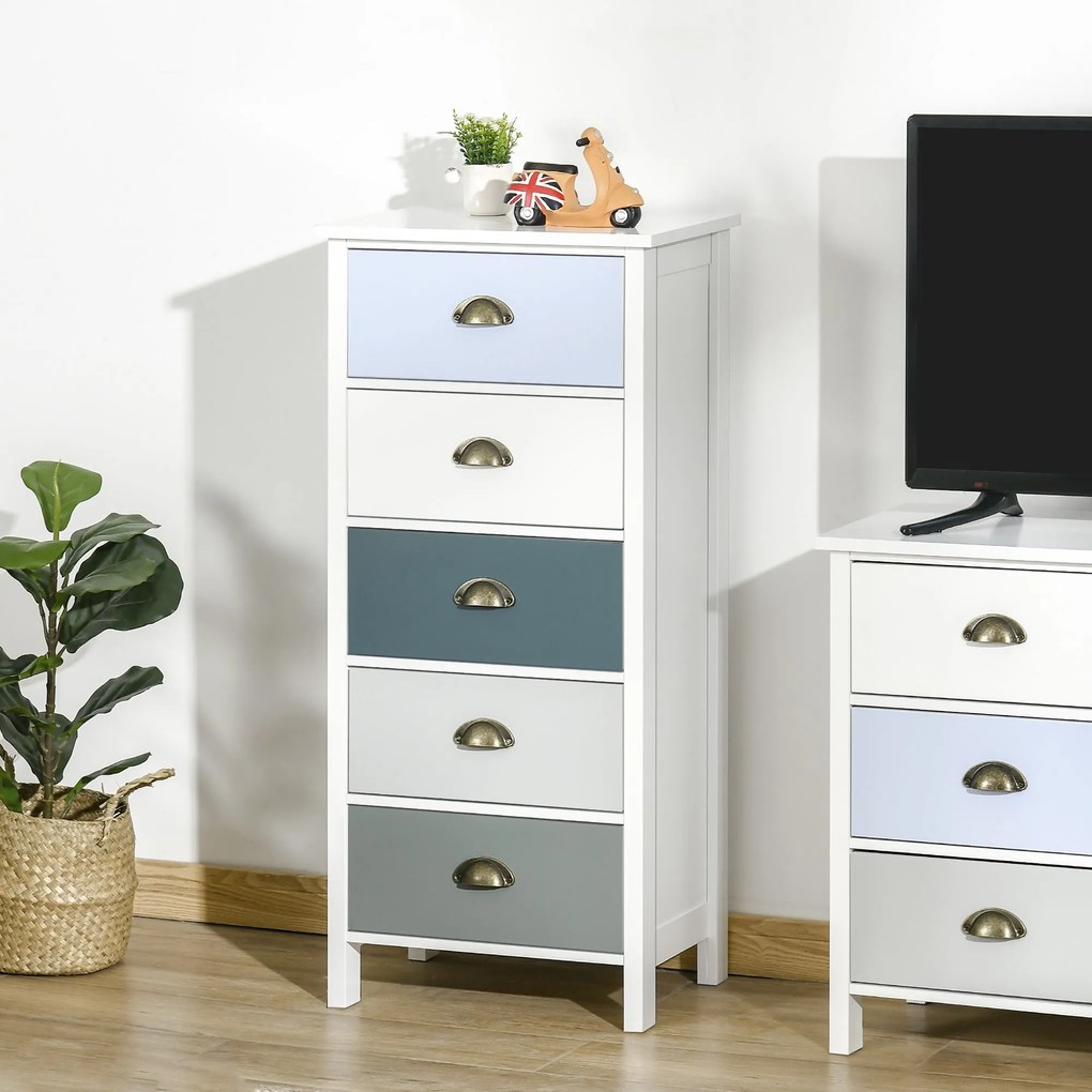 HOMCOM Vícebarevná komoda s 5 zásuvkami - úložný kabinet s kovovými úchytkami z MDF - rozměry 45D x 30Š x 95,4V cm