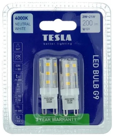 Led žárovka tesla - led žárovka g9, 2w, 230v, 200lm, 4000k denní bílá, 2ks v balení