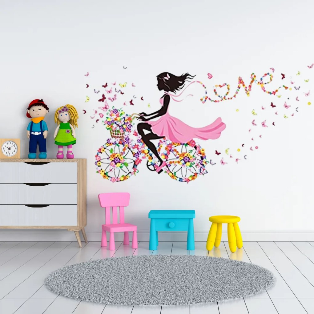 PIPPER | Samolepka na zeď "Dívka s motýly na kole" 140x70 cm