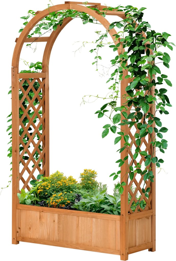 Outsunny Obloukový Květináč s Trellis, Podpora pro Popínavé Rostliny, Květinová Dekorace do Zahrady, Terasy nebo na Balkon 83x36x152 cm Přírodní | Aos