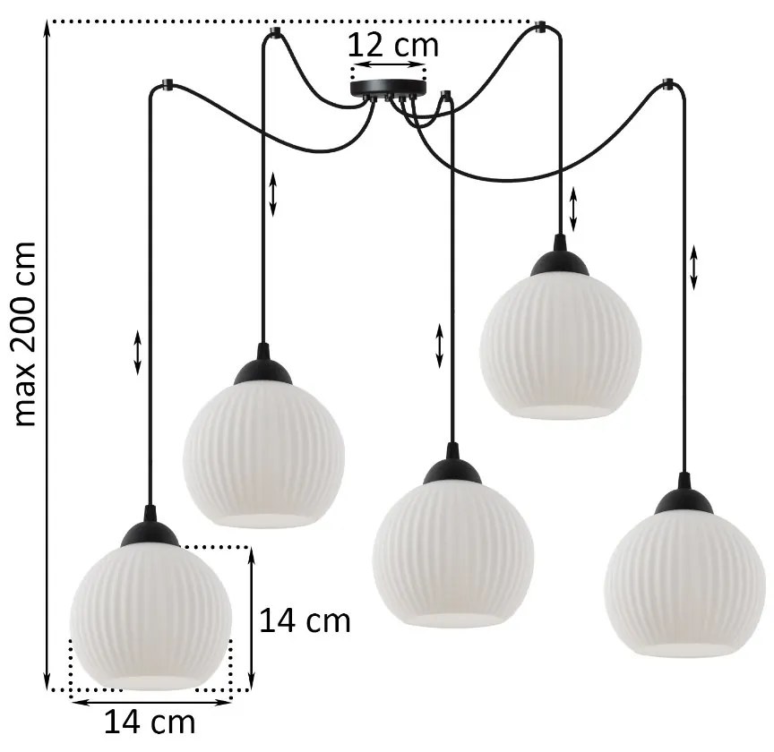 Závěsné svítidlo Riffle Round Spider, 5x bílé skleněné stínítko, b