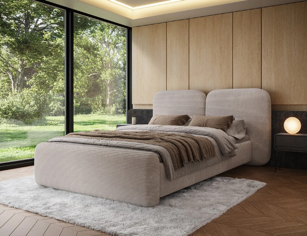 Postel Ollival 160x200 s kovovým roštem a úložným prostorem, béžový velur