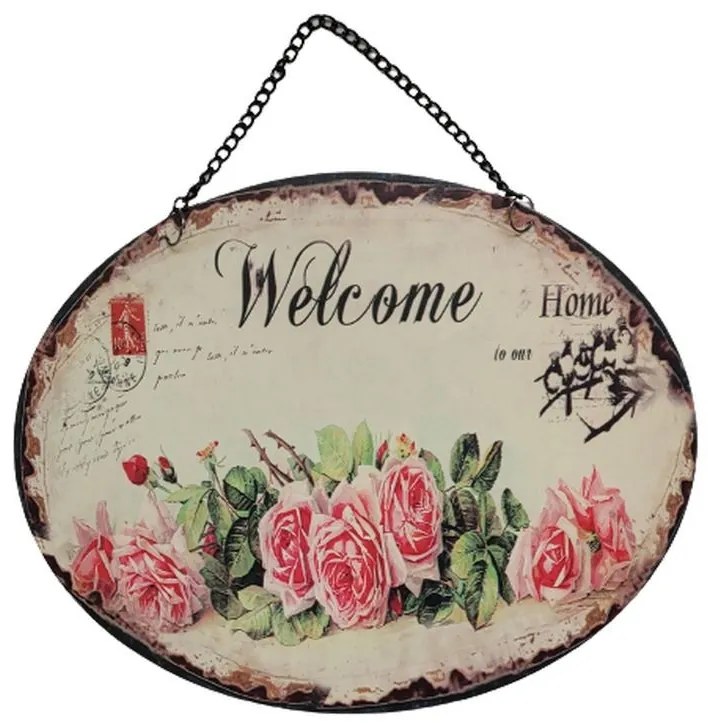 Závěsná kovová cedule s růžemi a řetízkem Welcome - 25*20 cm