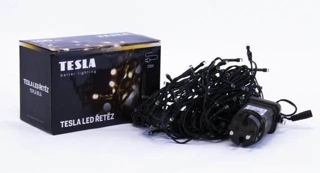 Světelný řetěz tesla - dekorativní řetěz, teplý bílý 3000k,100led, 10m + 5m kabel, 230v, ovladač s 8 funkcemi, ip44