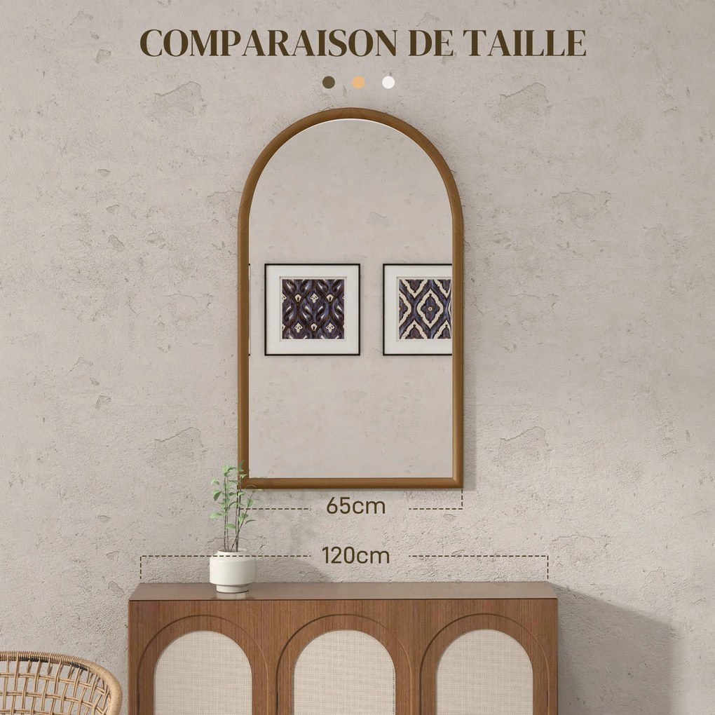 HOMCOM Zrcadlo s klenutým rámem, 110 x 65 cm, dřevěný rám, klenuté zrcadlo pro obývací pokoj, ložnici, vstupní chodbu, tmavě hnědé
