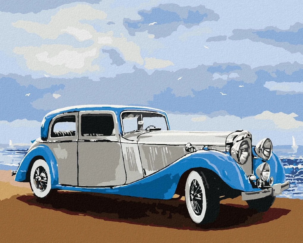 Malování podle čísel retro auto u moře, 80x100 cm, bez rámu a bez vypnutí plátna