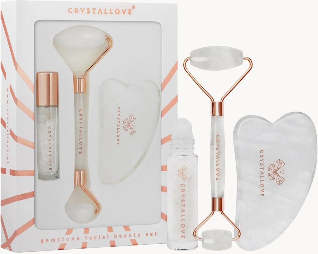 Sada masážního válečku a Gua Sha z křišťálového křemene Crystallove, 3 díly
