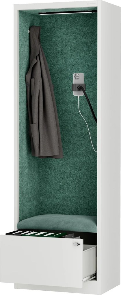 Kancelářská akustická kabina se sedátkem a USB-C portem, korpus bílý / sedák zelený, 600 mm: SALLY MentalBox