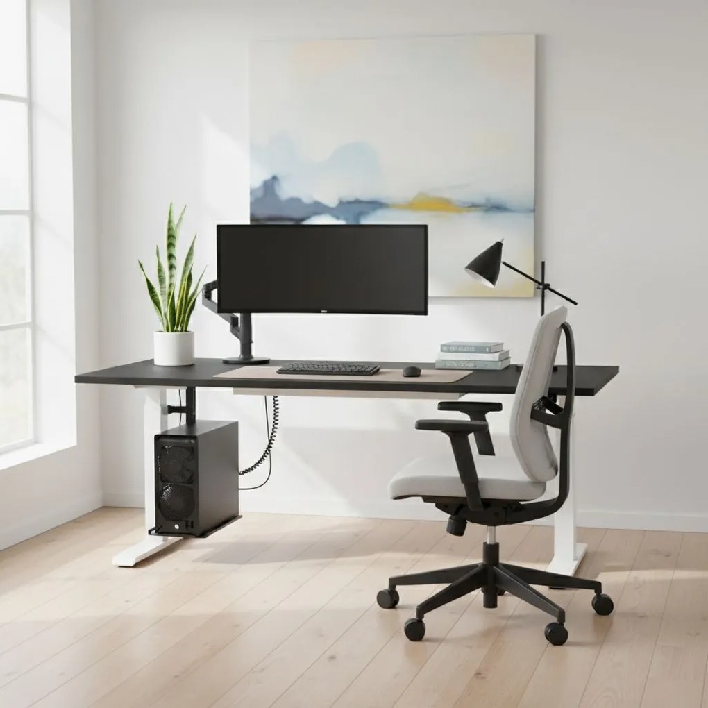 Výškově nastavitelný stůl OfficeTech D, 200 x 80 cm, bílá podnož, černá
