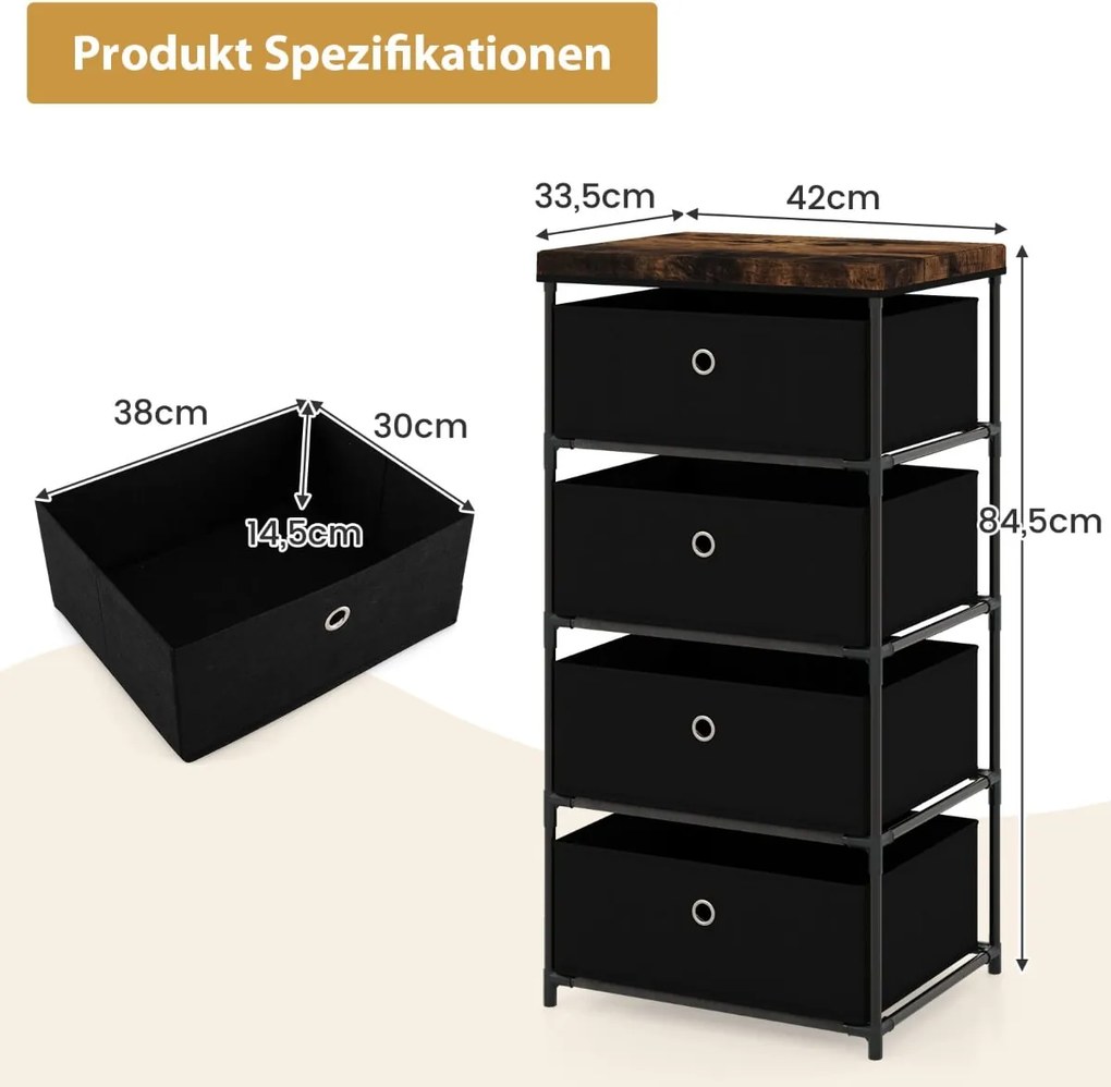 Costway Noční stolek 4 zásuvková úložná skříň látková komoda