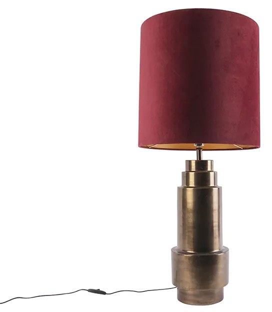 Stolní lampa v art deco stylu bronzová s sametovým stínítkem červeným se zlatem 40 cm - Bruut