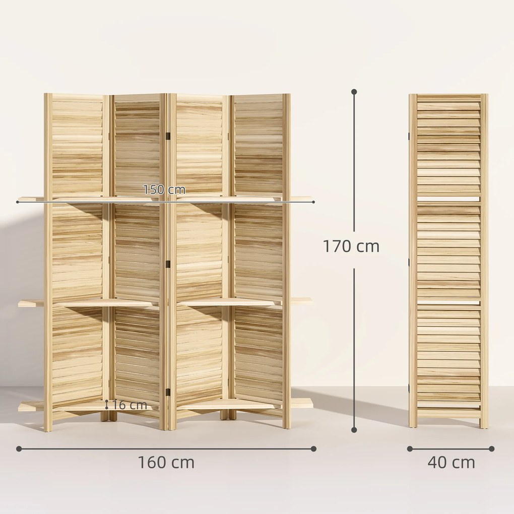 HOMCOM Interiér dřevěné obrazovky se 4 panely 160 x 170 cm, skládací přepážka s 3 policemi, přírodní dřevo