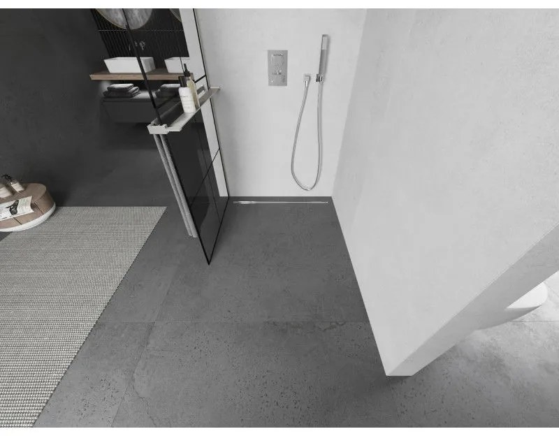 Mexen Kioto+ L, sprchová zástěna Walk-In s poličkou a věšákem 90 x 200 cm, 8mm čiré sklo černý vzor, broušená ocel profil, 800-090-123-97-77