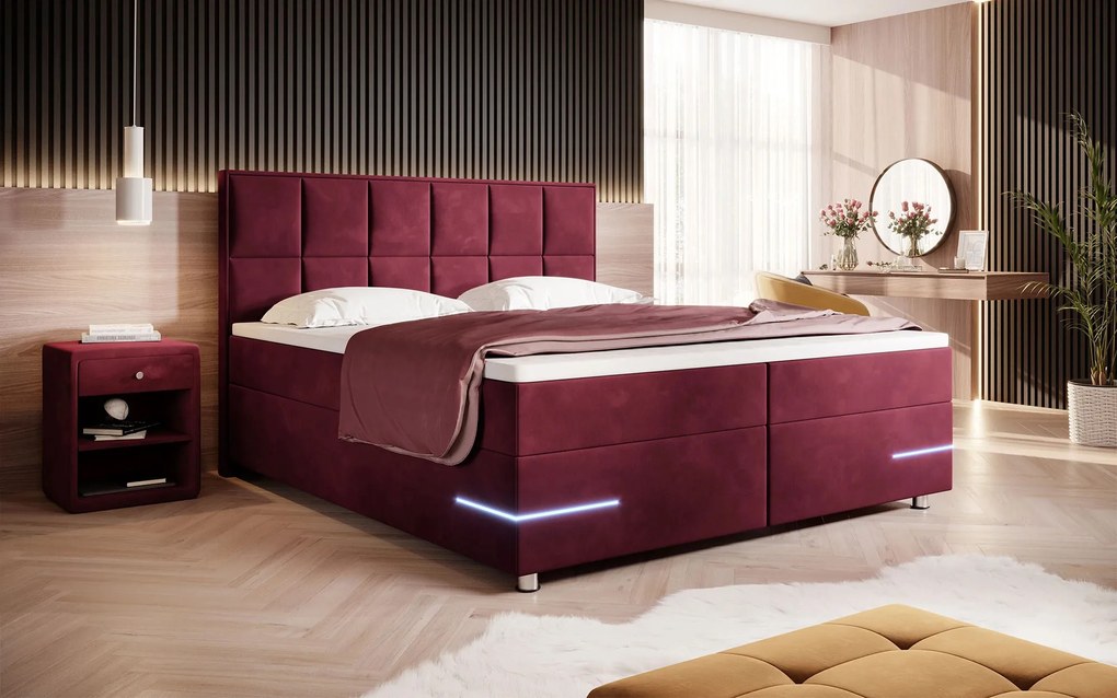 Boxspring postel MILANO bez úložného prostoru s LED, samet Velikost postele: 120 × 200 cm, Barvy sametu: Bordó samet, Výběr matrace: Oboustranná…