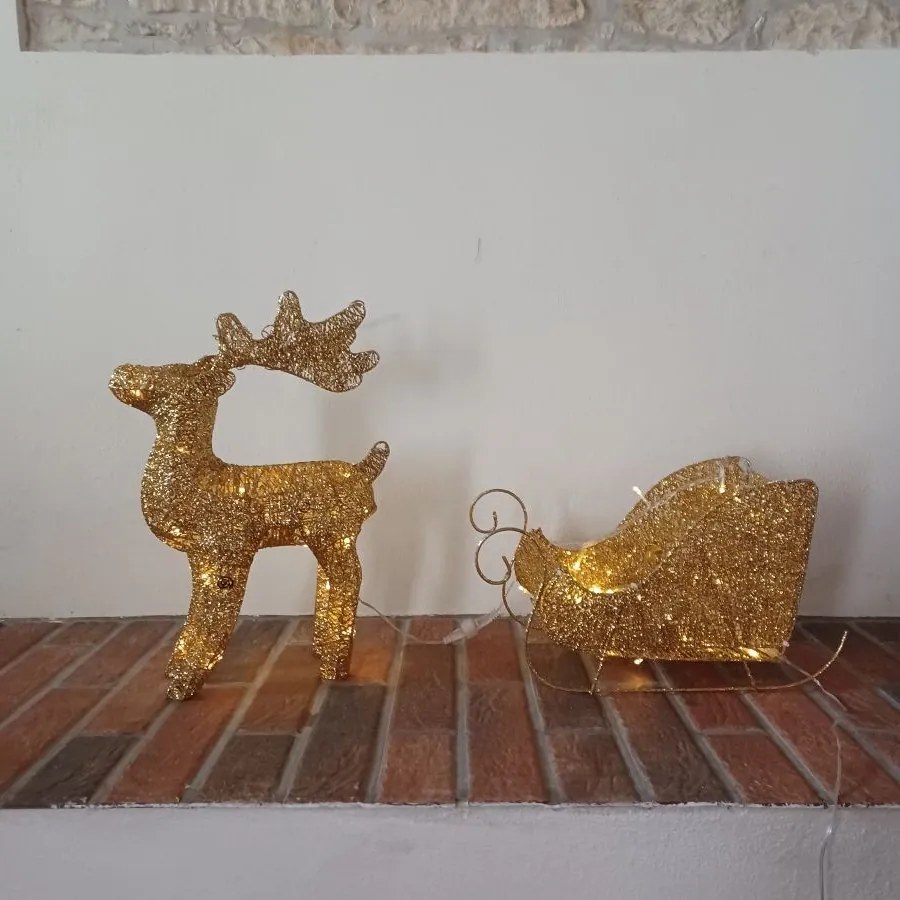 3D LED svítící jelen se sáněmi, 40 cm, teple bílá, hliník, vč. trafa