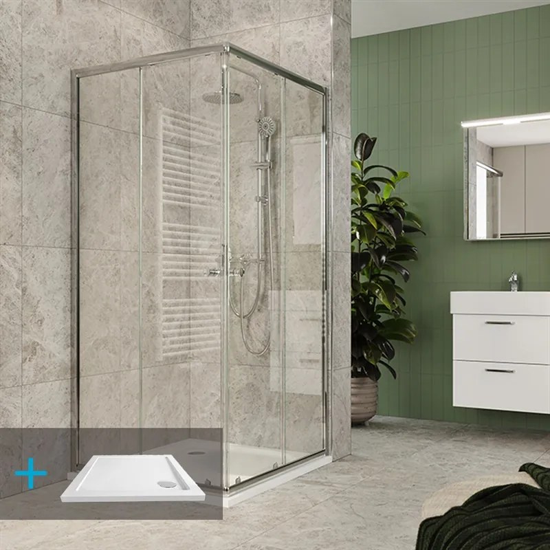 Mereo Mereo, Kora Lite sprchový set: sprchový kout 90x90x185 cm, chrom ALU, sklo čiré, 90 cm, vanička, sifon, CK34123ZN
