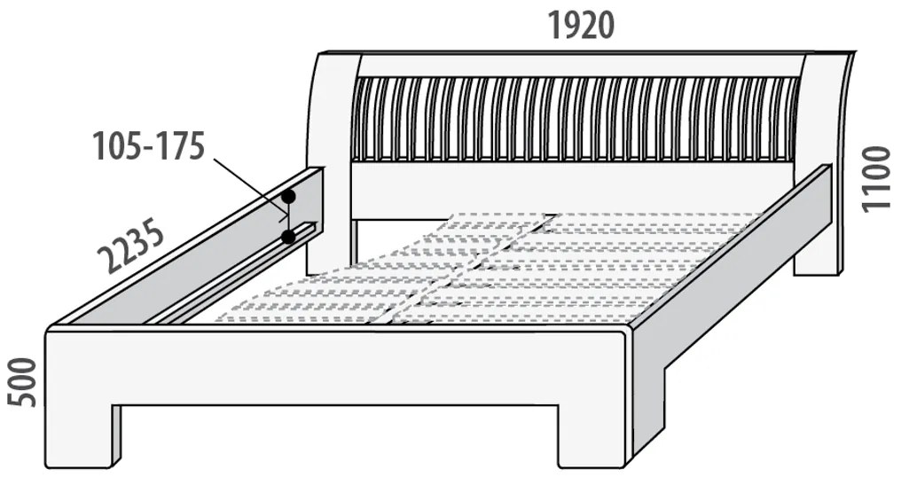 Postel Sofia, čelo oblé laťkové 180 Domestav F114 Materiál: Buk cink, Barevne provedení: Moření