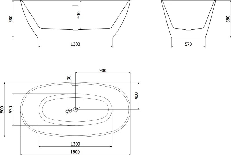 Mexen Eris, volně stojící vana 180 x 80 cm, bílá-černá, grafitový přepad, 53441808075-66