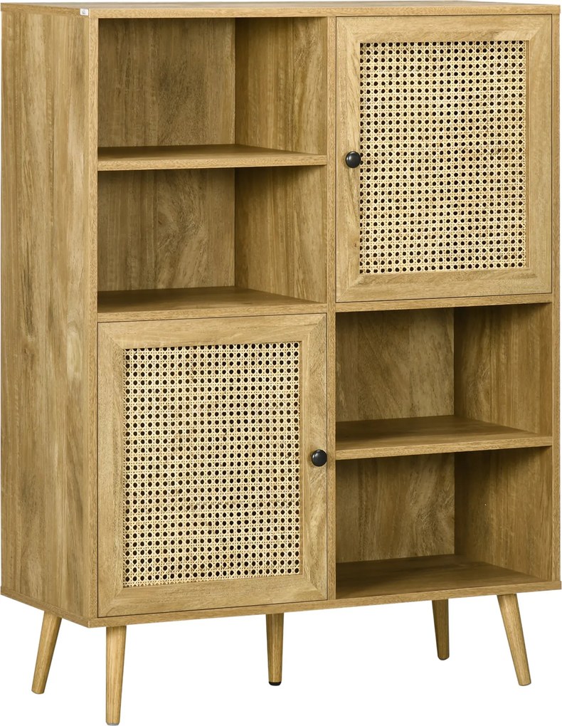 HOMCOM Buffetová skříňka s nohami z dřeva a ratanu se 2 dveřmi a 4 přihrádkami - rozměry 90L x 32,5W x 120H cm | Aosom