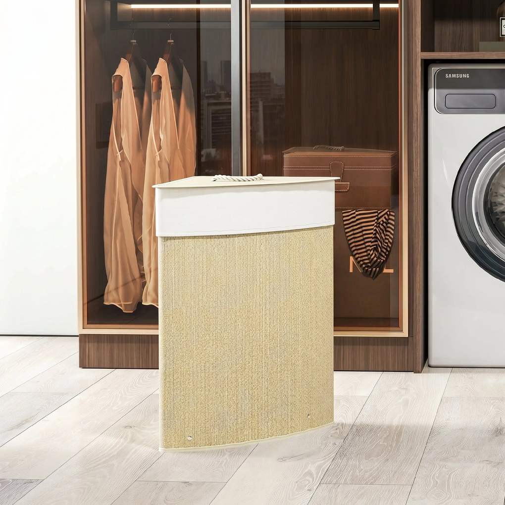 Koš na prádlo HOMCOM z bambusu, 55 l – trojúhelníkový rohový design s odnímatelnou pratelnou vložkou, víkem a madlem, 35 x 60 cm, přírodní