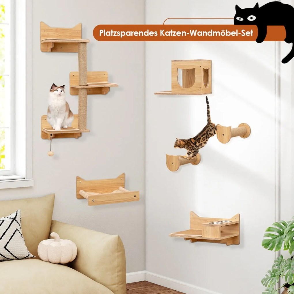 Costway 6 PCS lezecká stěna Škrabadlo pro kočky s platformami Mísa Houpací síť