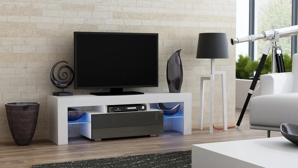 Mazzoni TV stolek MILA lesk 130 LED bílá, šedá zásuvka